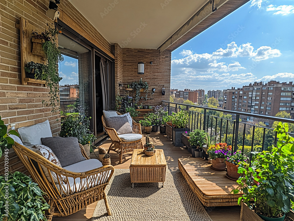 a cozy balcony with chairs and potted plants. The balcony is located in ...