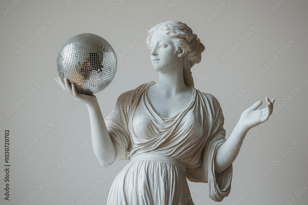 Ancient Greek statue with disco ball. A mirror disco ball in sculpture ...