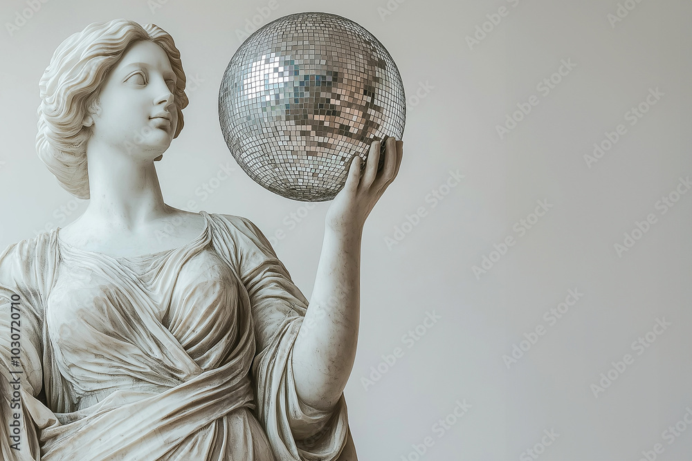 Ancient Greek statue with disco ball. A mirror disco ball in sculpture ...