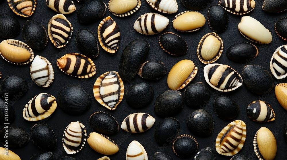 African cowrie shells scattered in a top view with room for copy Stock ...