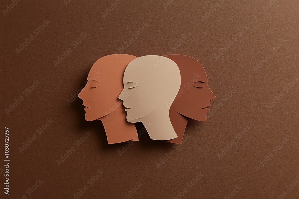 Row of paper human silhouettes in multiple skin tones on neutral brown ...