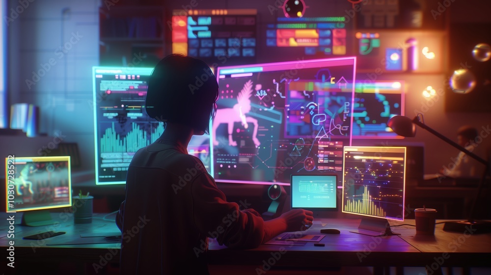 Explore a modern workspace featuring high-fidelity screens showcasing ...