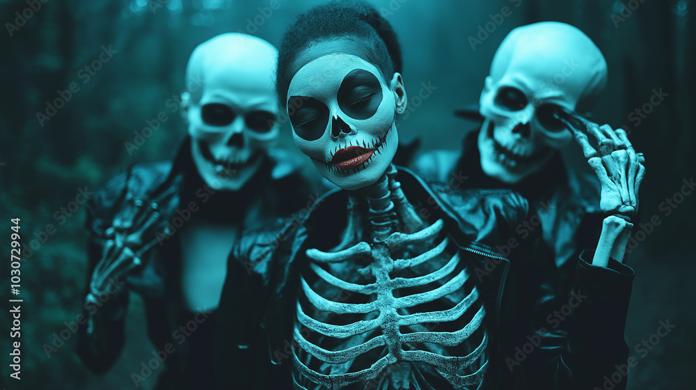 Three individuals dressed in edgy skeleton-themed costumes pose ...
