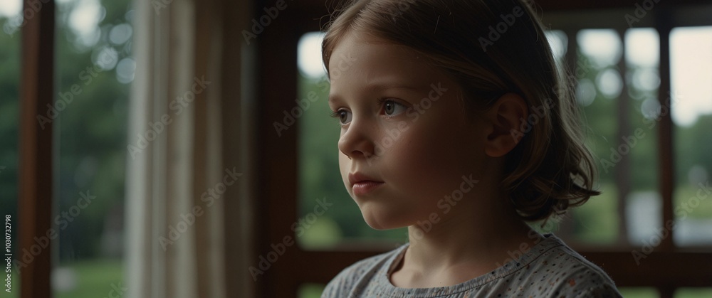 Little Girl Gazing Through Window: A young girl with thoughtful eyes ...