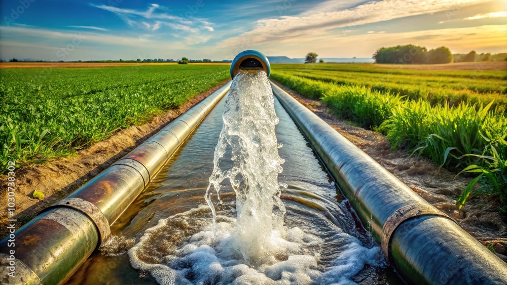 Forced perspective of water gushing from tube well, pipeline for ...