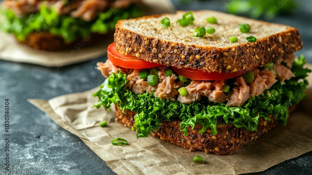 Un sándwich de pan integral relleno de atún, hojas de lechuga fresca y ...