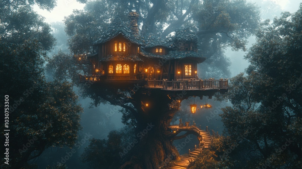 3D Rendering of a Treehouse in a Magical Forest for Fantasy and ...