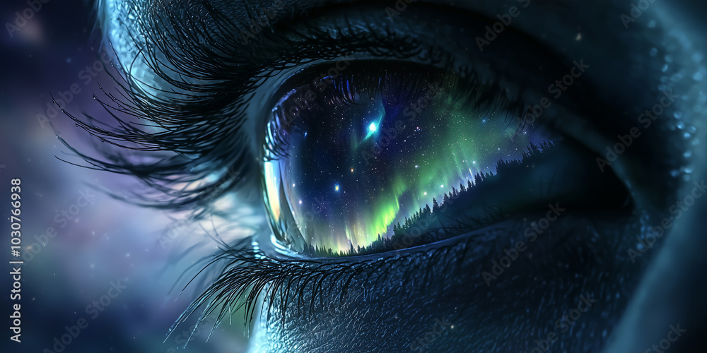 A close-up of a human eye reflecting the vibrant, glowing aurora ...