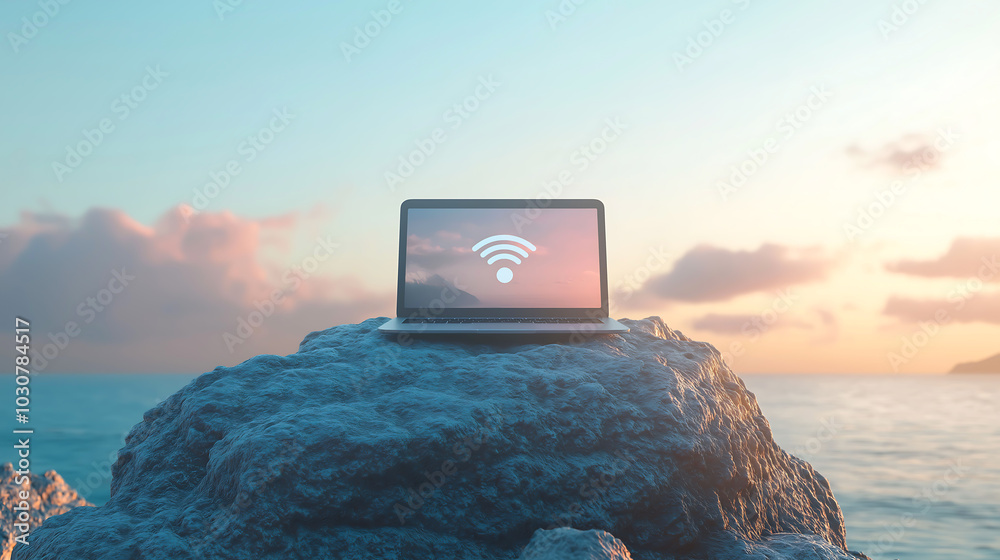 Laptop mockup computer with Wi-Fi signal symbols on screen, searches a ...