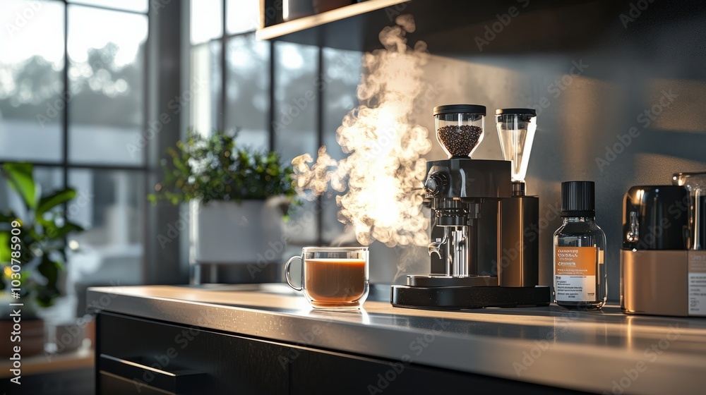 A modern kitchen counter with a biohacking coffee setup, featuring a ...