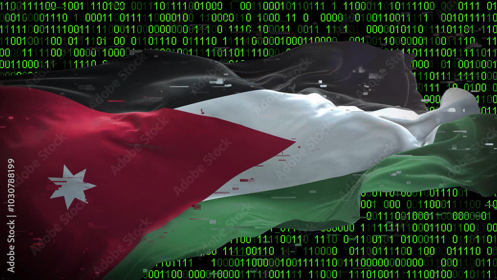 Binary code on flag of Jordan. Program source code or Hacker concept on Jordanian flag. Jordan ...