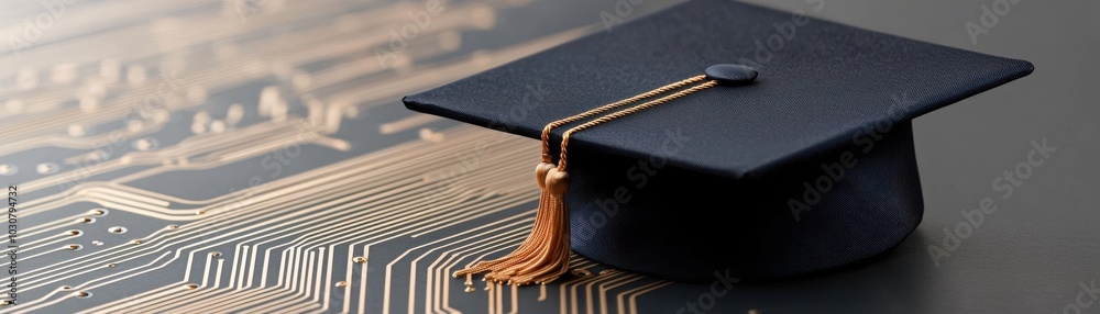Graduation cap on a circuit board background, symbolizing technology ...