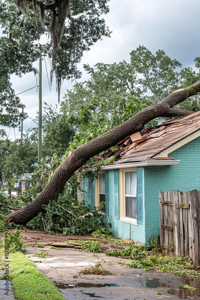 Large tree falling on house causing roof damage after hurricane Stock ...
