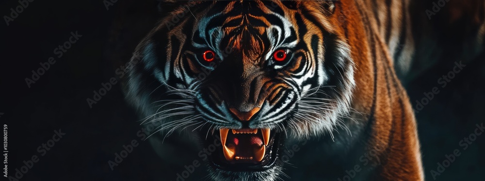Tiger banner. Fierce looking tiger on black background. Fierce animal ...