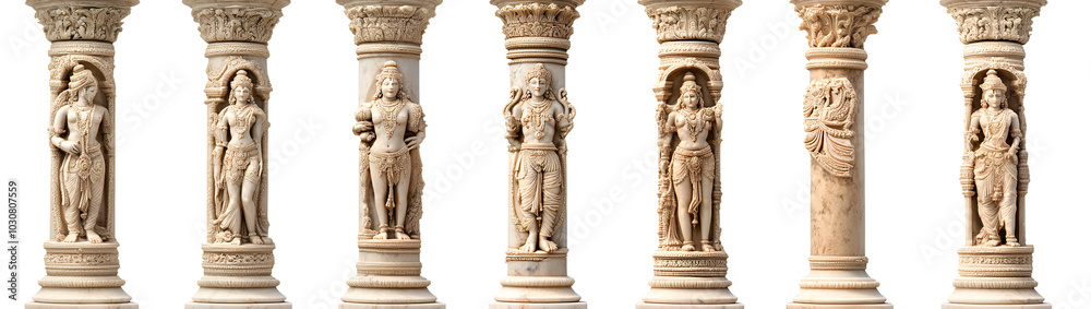 set of Indian Vedic pillar with intricate carvings of deities, column ...