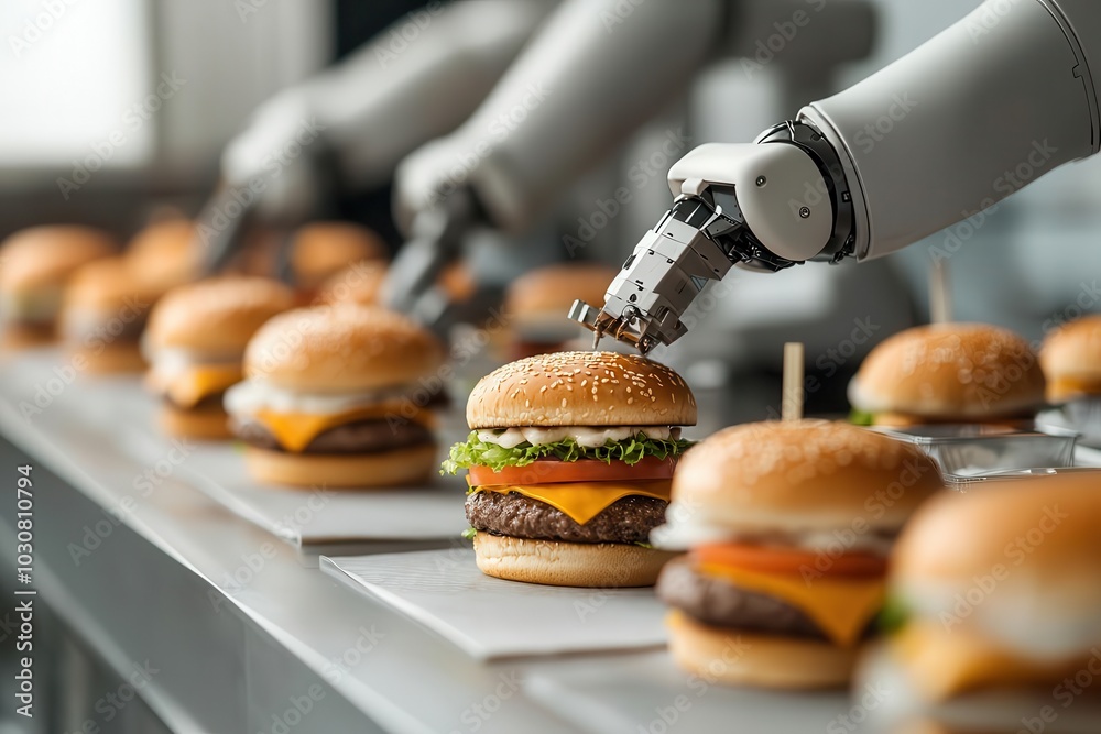 Automated robots assembling burgers on a factory line, showcasing the ...