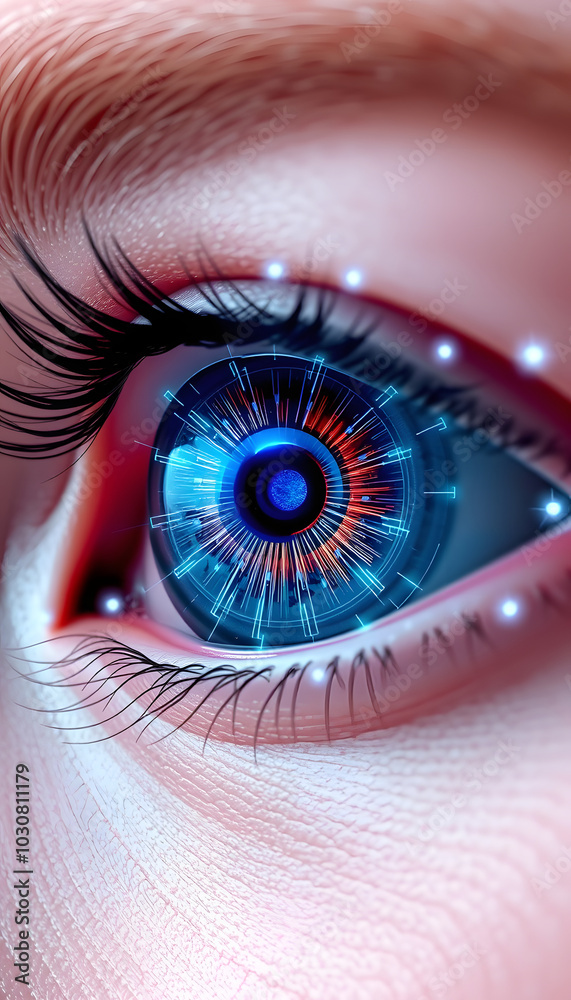 ภาพประกอบสต็อก Human eye with cyber retinal recognition for neuro link ...