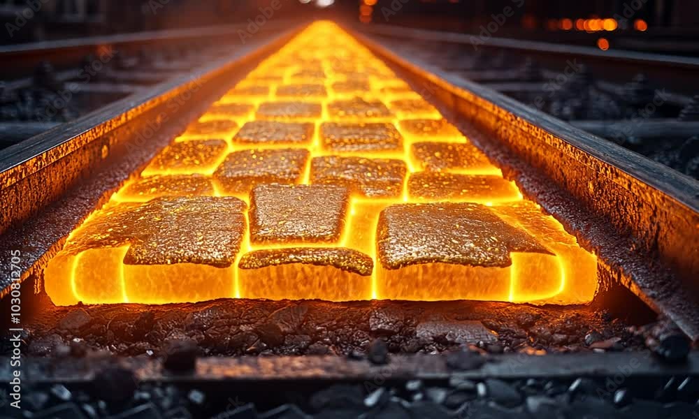 A glowing lava-like substance flows along a railway track, creating an ...