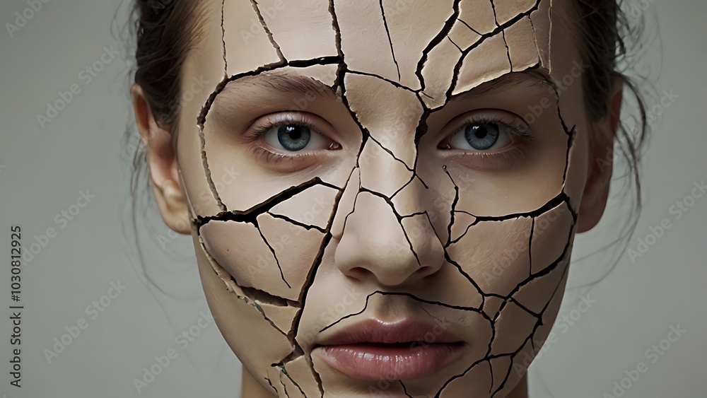 A human face with a cracked mask, symbolizing the hidden fractures ...