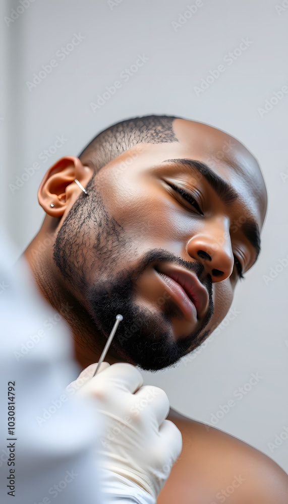 doctor performing acupuncture therapy for black male client. young man ...
