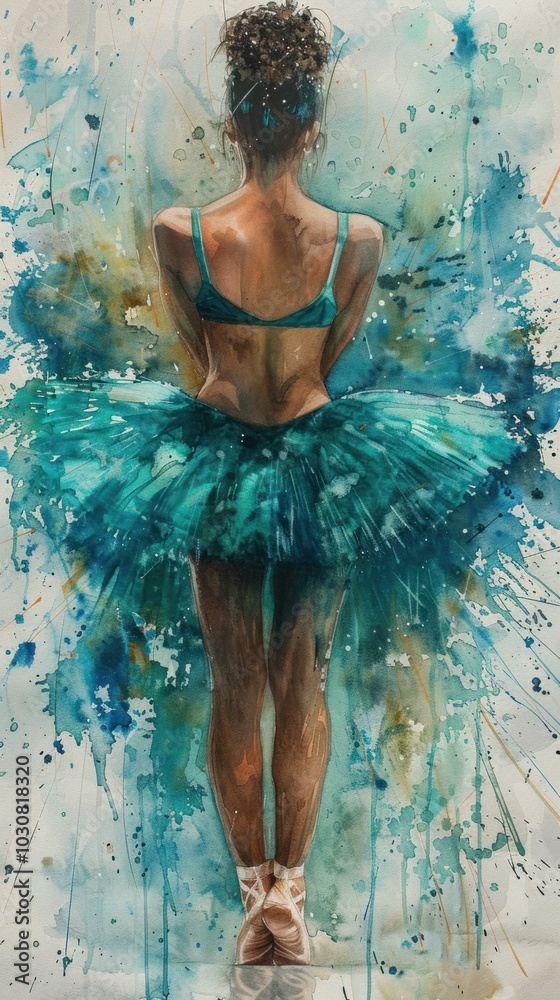 Ethereal watercolor rendering showcases a ballerina of diverse beauty, donning a teal tutu ...