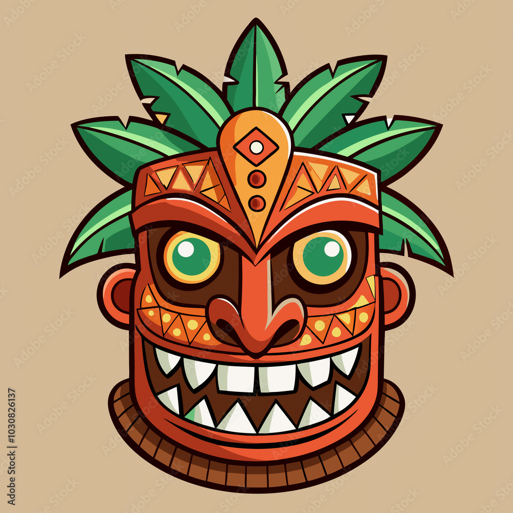 Cartoon Tiki Mask with Leaves – Traditional Hawaiian Wooden Tribal Face ...