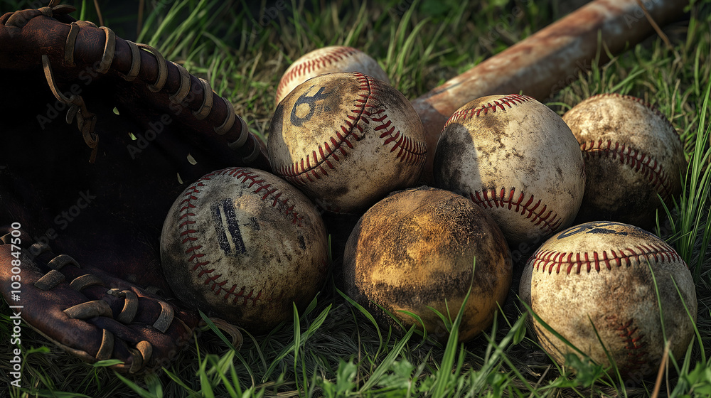 A pile of dirt-covered baseballs in the corner of a well-used baseball ...