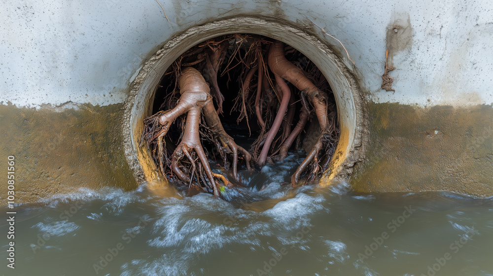 Thick tree roots clogging drainage pipe, causing water blockage and ...