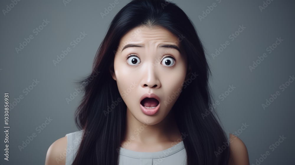 Young astonished shocked surprised Asian woman with long black hair ...
