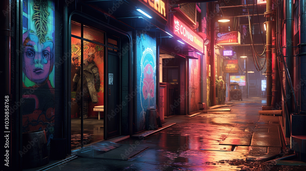 Cyberpunk street with glowing neon ads in sci-fi city. Futuristic ...