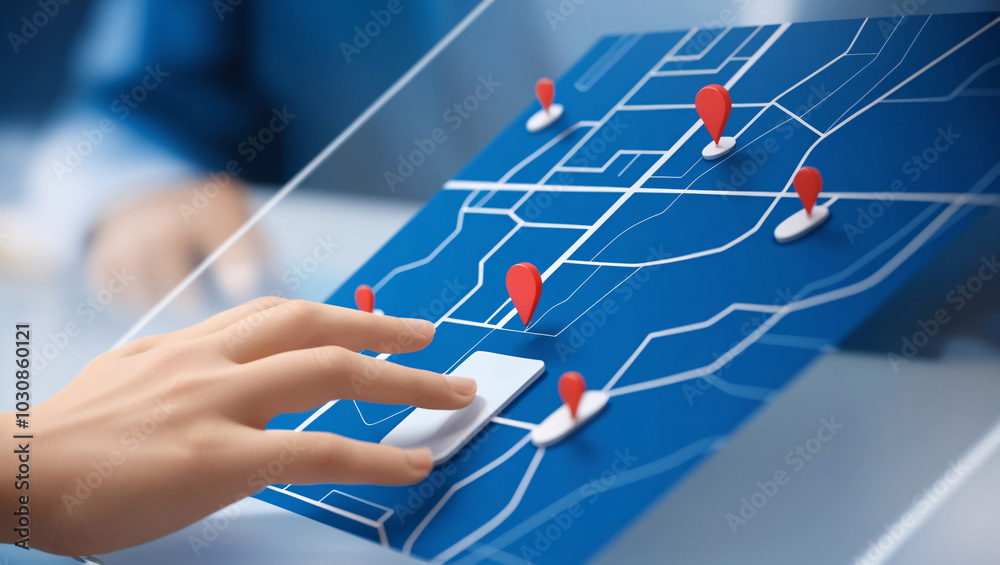 Interactive Digital Map Stylized Interface with a Hand Engaging with a ...