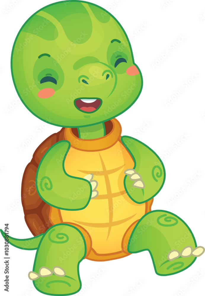 Cheerful cartoon turtle sitting with its legs crossed, eyes closed, and laughing. This cute ...