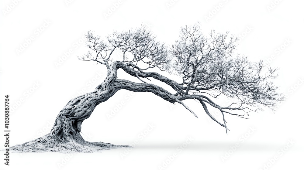 Haunting, crooked tree with no leaves, isolated on white, giving an ...