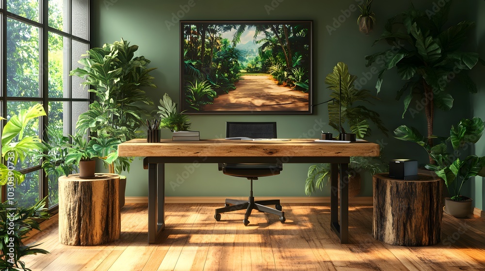 Design an office with natural wood flooring, black metal legs on the ...