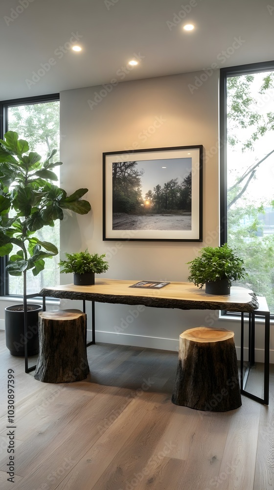 Design an office with natural wood flooring, black metal legs on the ...