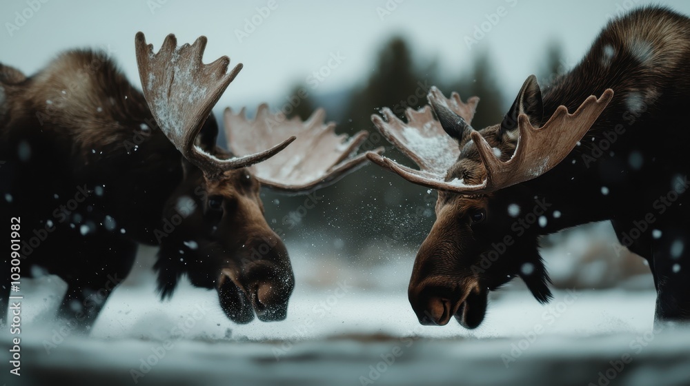 Two massive moose face off amid gentle snowfall, accentuating the ...