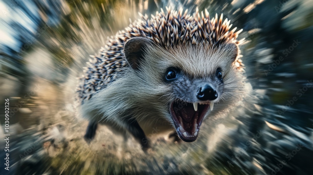A hedgehog is shown in a close up with its mouth open and teeth bared ...