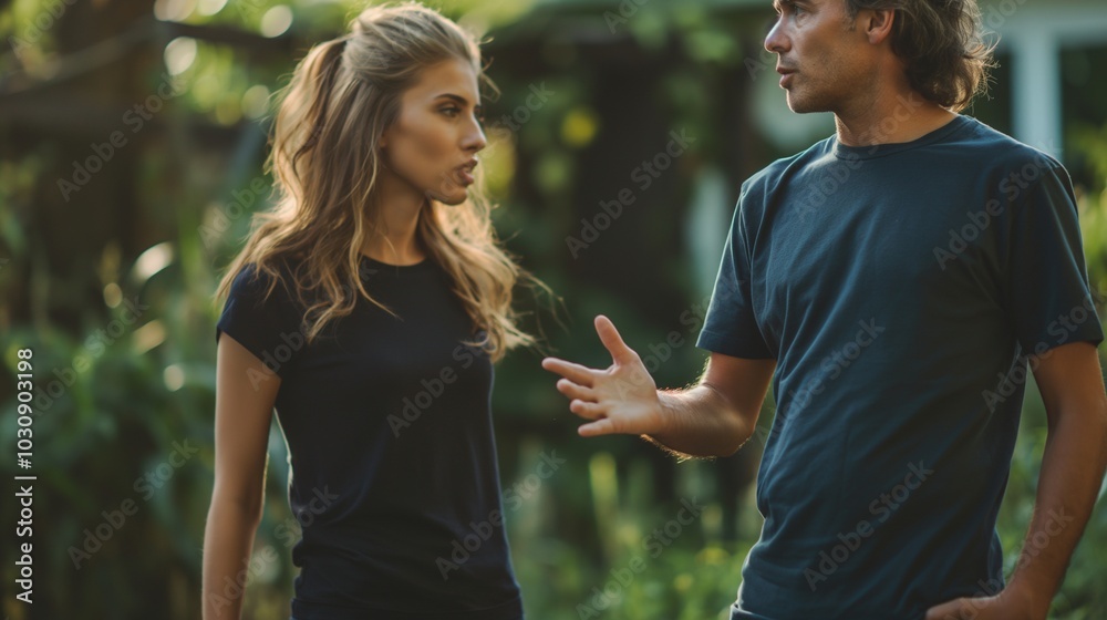 Couple arguing in garden closeup image. Caucasian man woman having ...