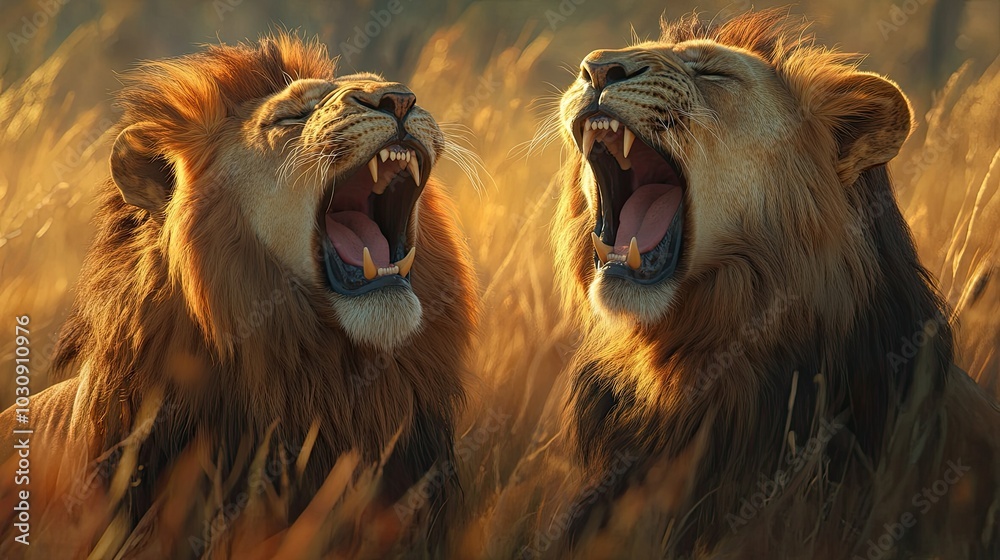 Two lions in the wild are captured in a moment of roaring, their mouths ...