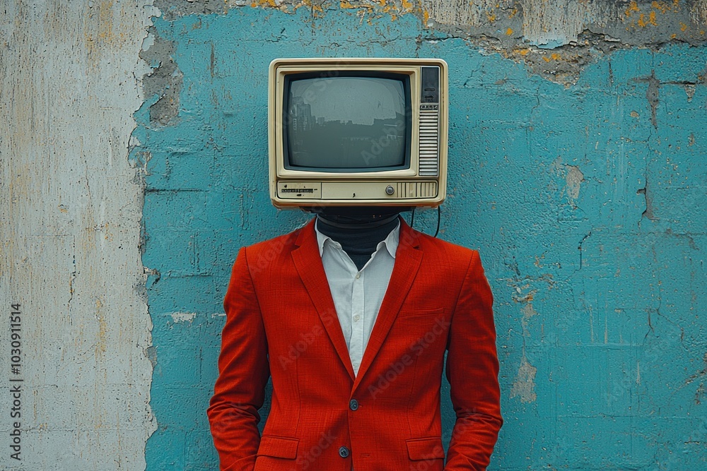 Man with vintage television as head in red suit standing against grunge ...