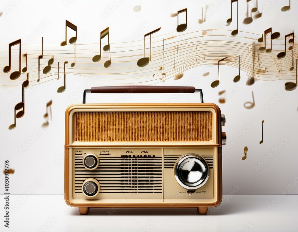 Radio antigua y notas musicales sobre fondo blanco Stock Photo | Adobe ...