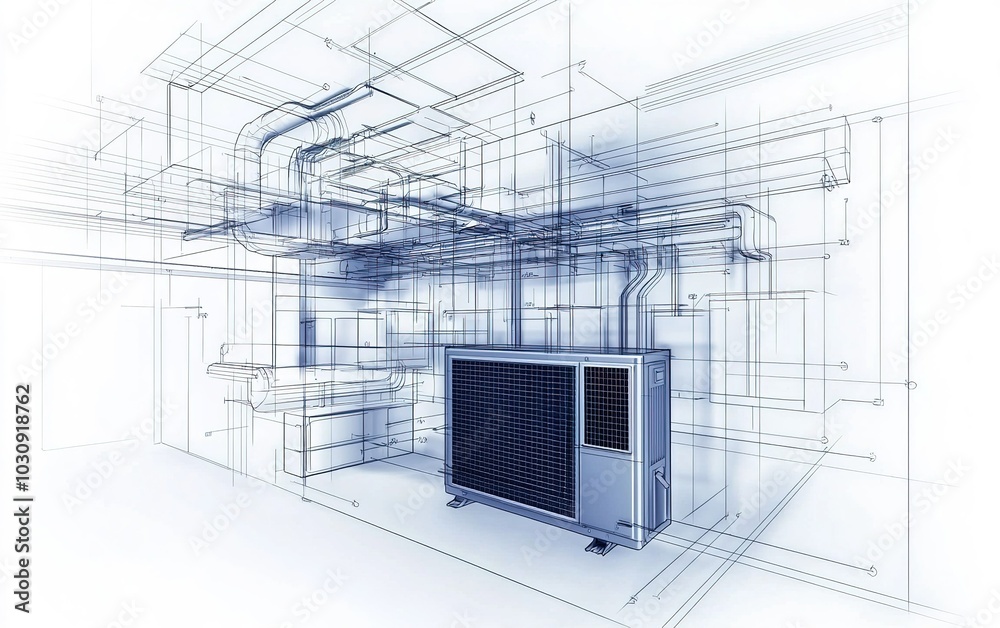 Detailed blueprint design of HVAC system including air conditioning ...