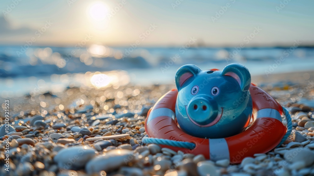 Blue piggy bank floating on a life preserver on a pebbled beach. Stock ...