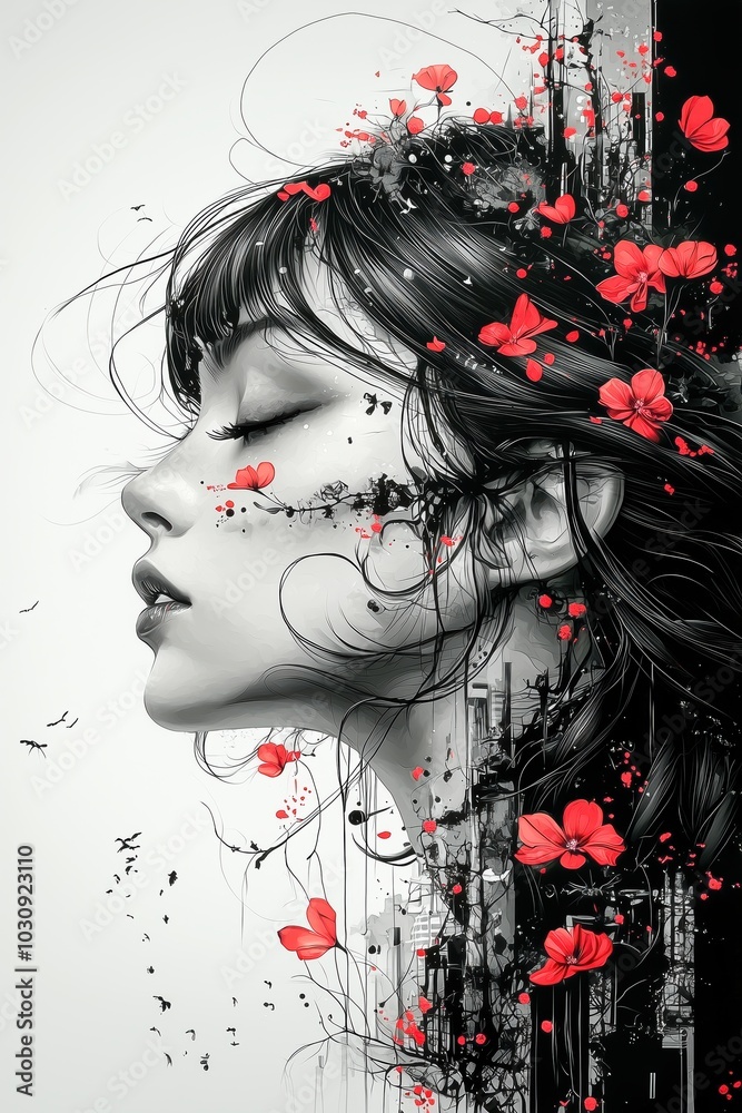 Surreal Side Profile of a Woman with Flowing Hair Blended with Red ...
