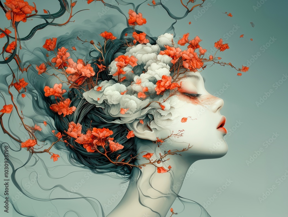 Surreal Profile of a Woman with Flowing Hair and Blooming Orange ...