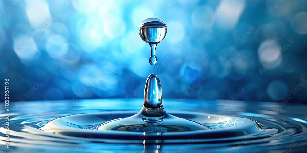 Pure water drop falling from tap into flowing water, symbolizing ...