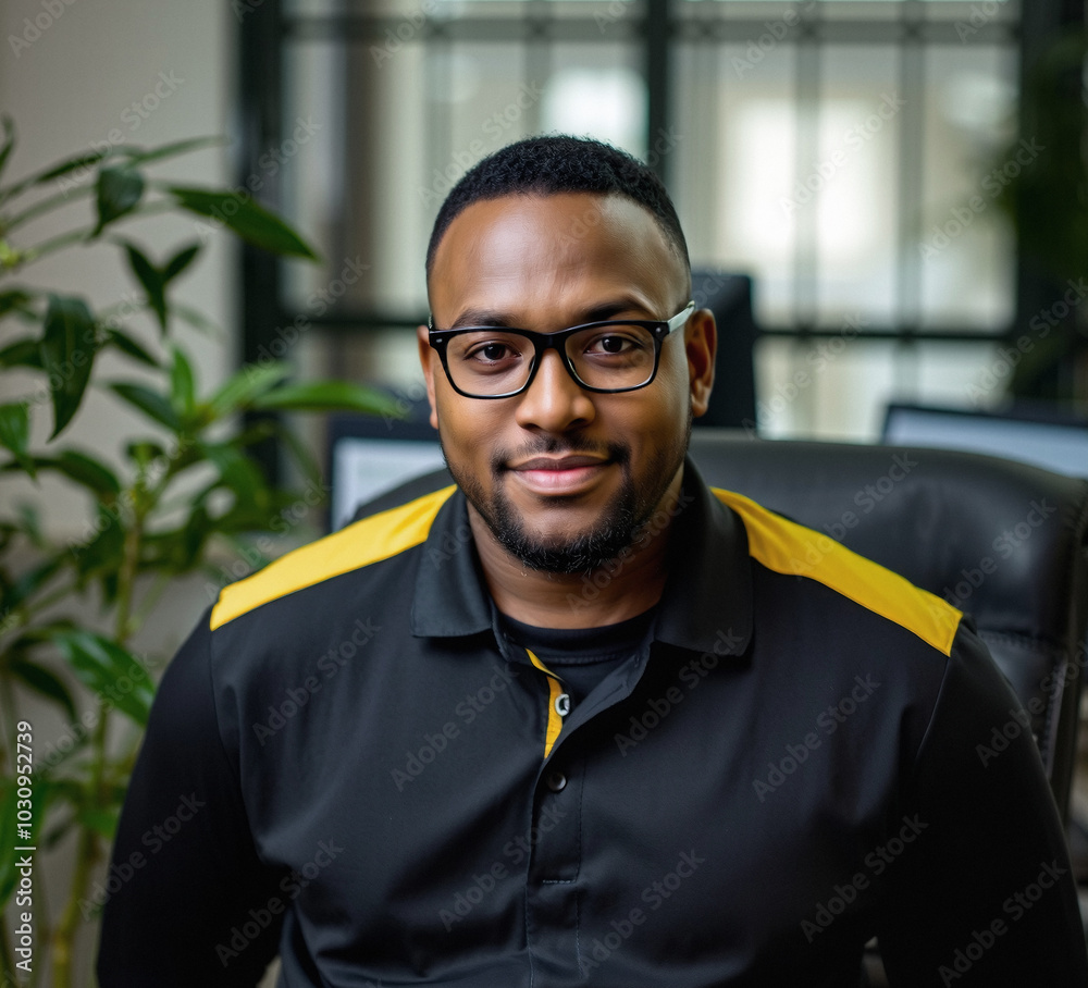 happy black man in their 20s, operations manager, sporty modern attire ...