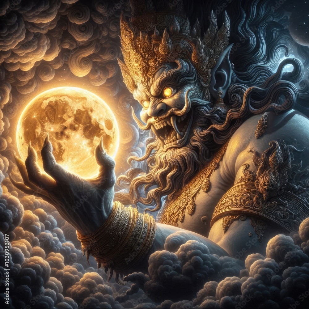 A powerful and fierce depiction of Rahu, the celestial deity, preparing ...
