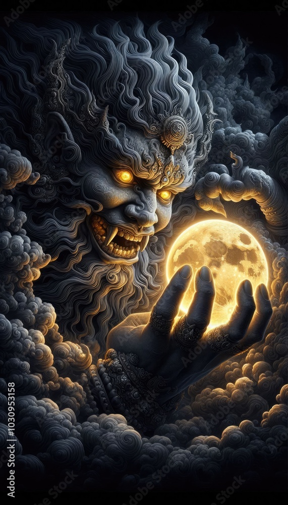 A powerful and fierce depiction of Rahu, the celestial deity, preparing ...