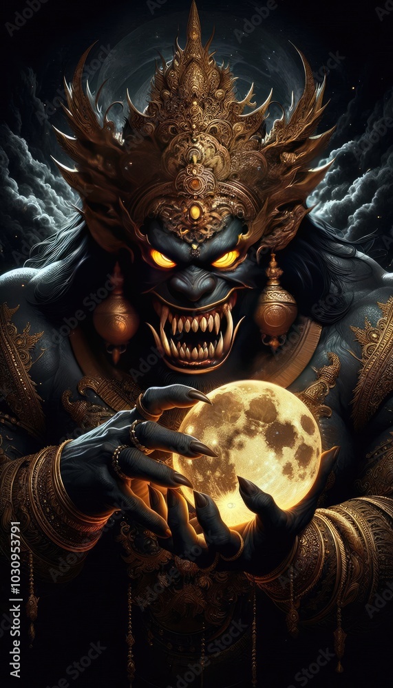 A powerful and fierce depiction of Rahu, the celestial deity, preparing ...
